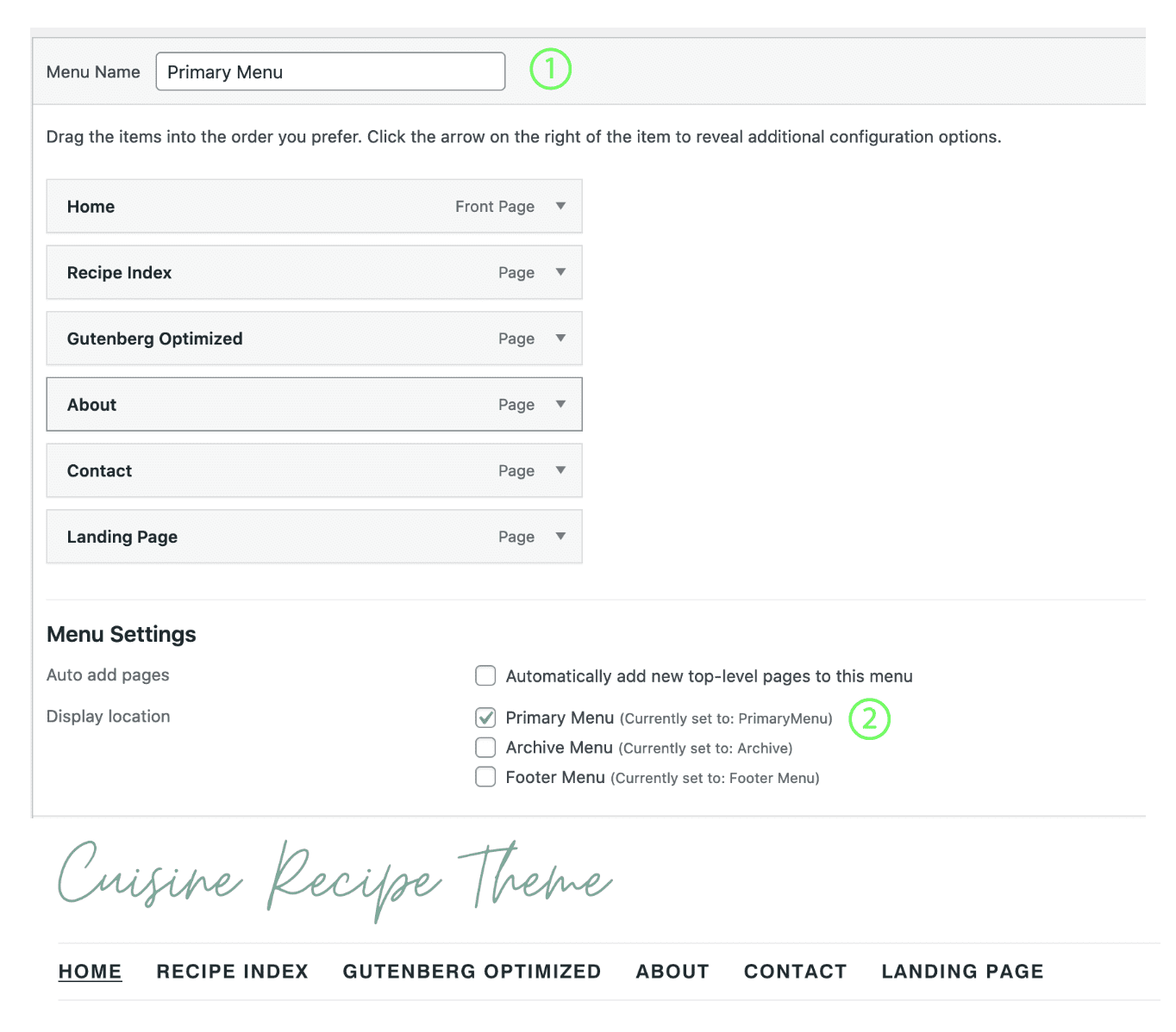 Header Settings Docs Cuisine Recipe Theme Widget Areas