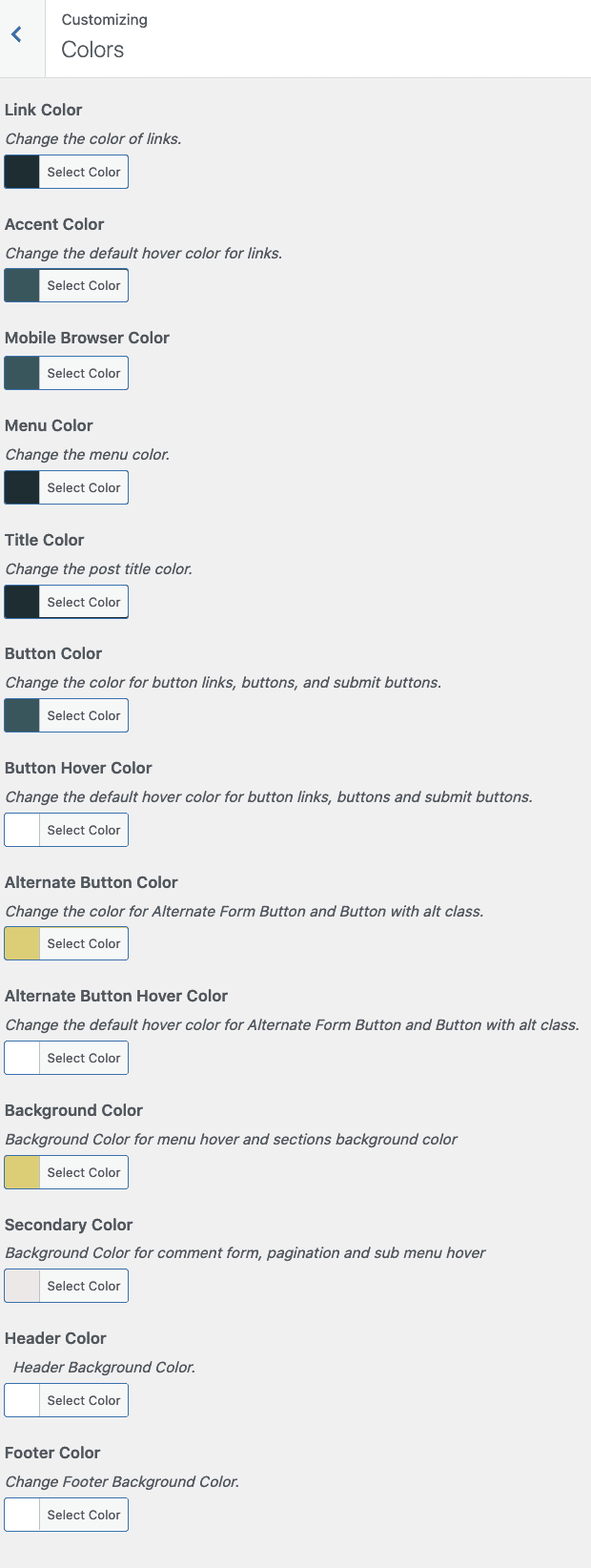Theme Colors - Docs - Virtual Assistant Theme, Customizer Settings